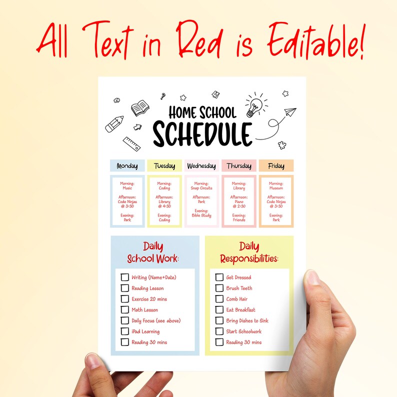 Homeschool Schedule, Chart for Kids Editable, Printable Daily Planner ...