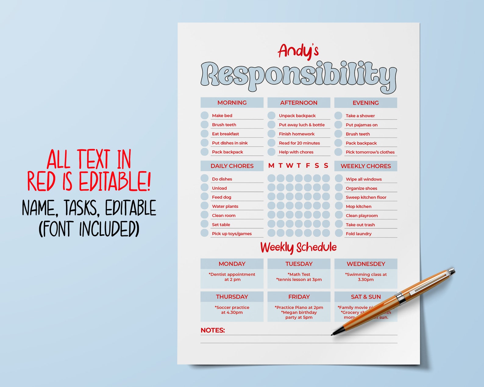 Editable Responsibility Chore Chart for Kids, Daily Weekly Schedule ...