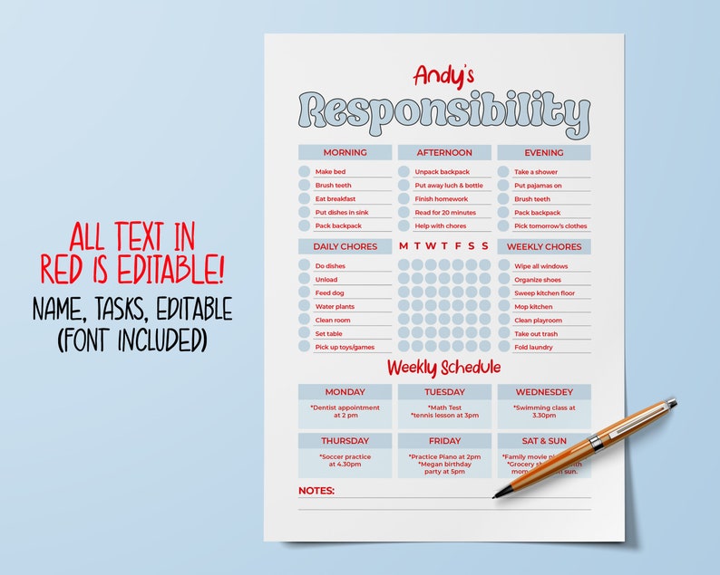 Editable Responsibility Chore Chart for Kids, Daily Weekly Schedule ...