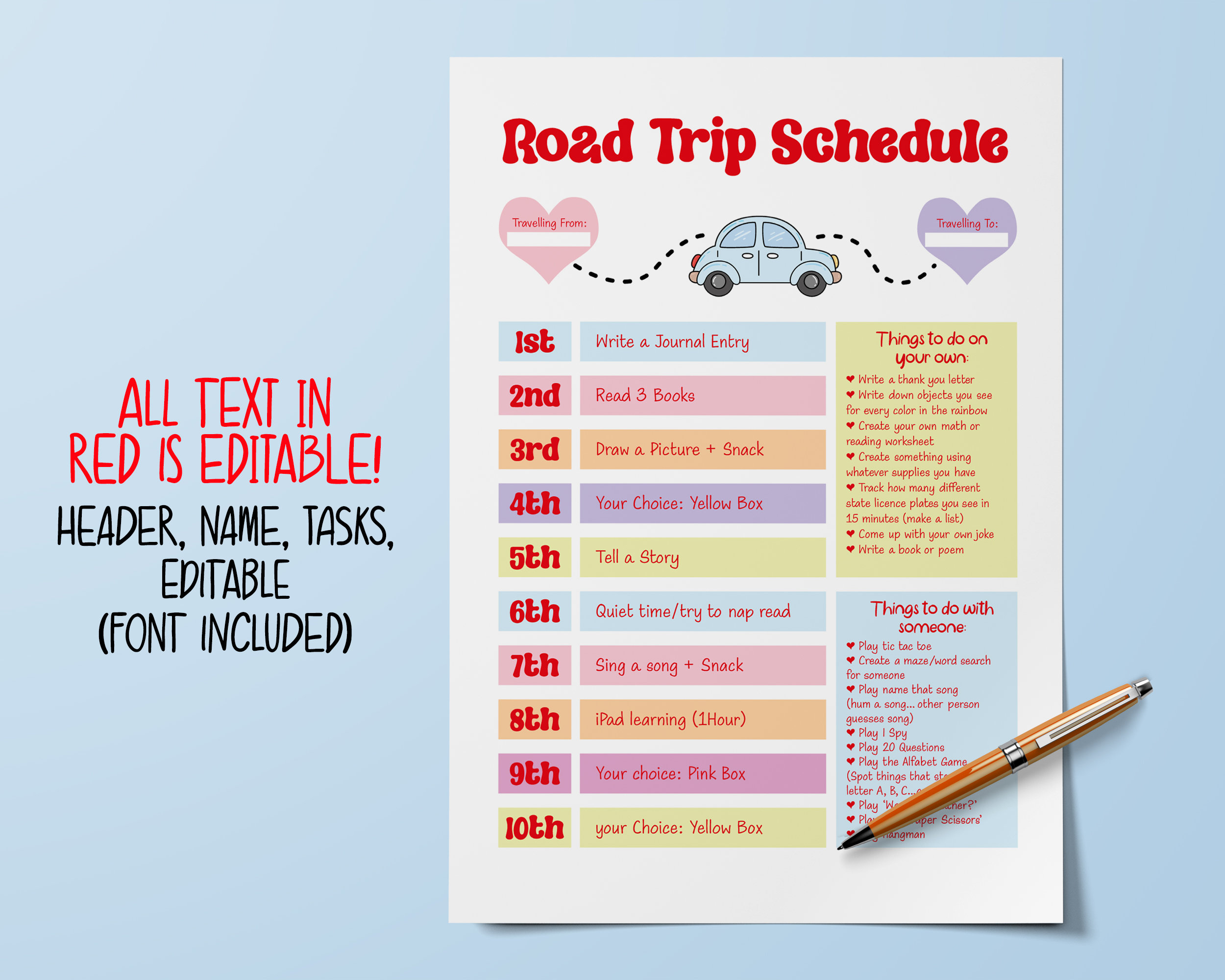 Road Trip Schedule, Road Trip Travel Activities for Kids, Editable Road ...
