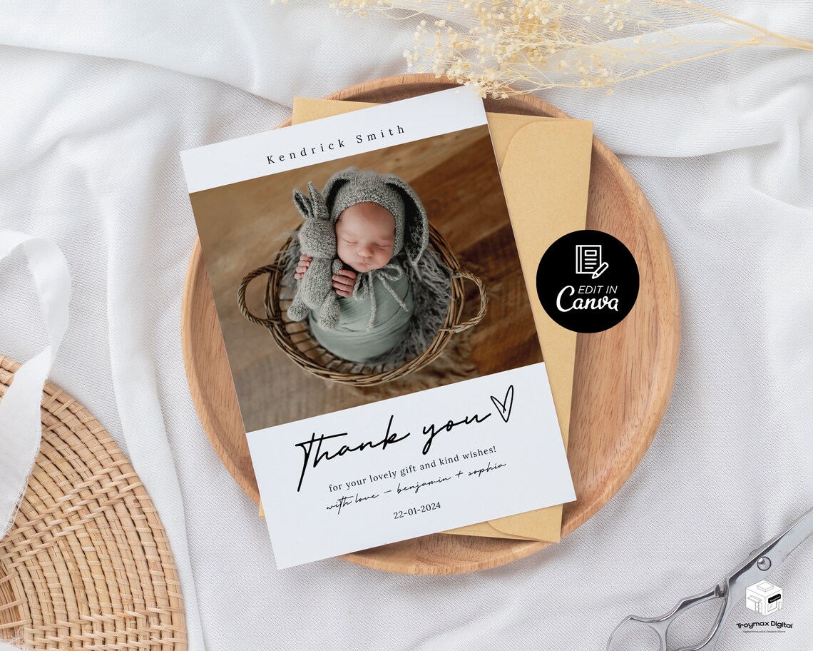 Photo Thank You Card for Newborn Baby With Name, Personalized Baby ...