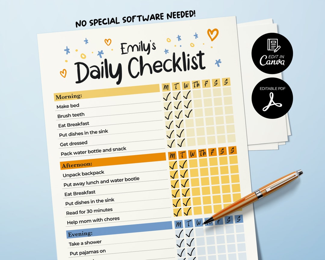 Editable Daily Checklist for Kids, Printable, Responsibility Chart for ...