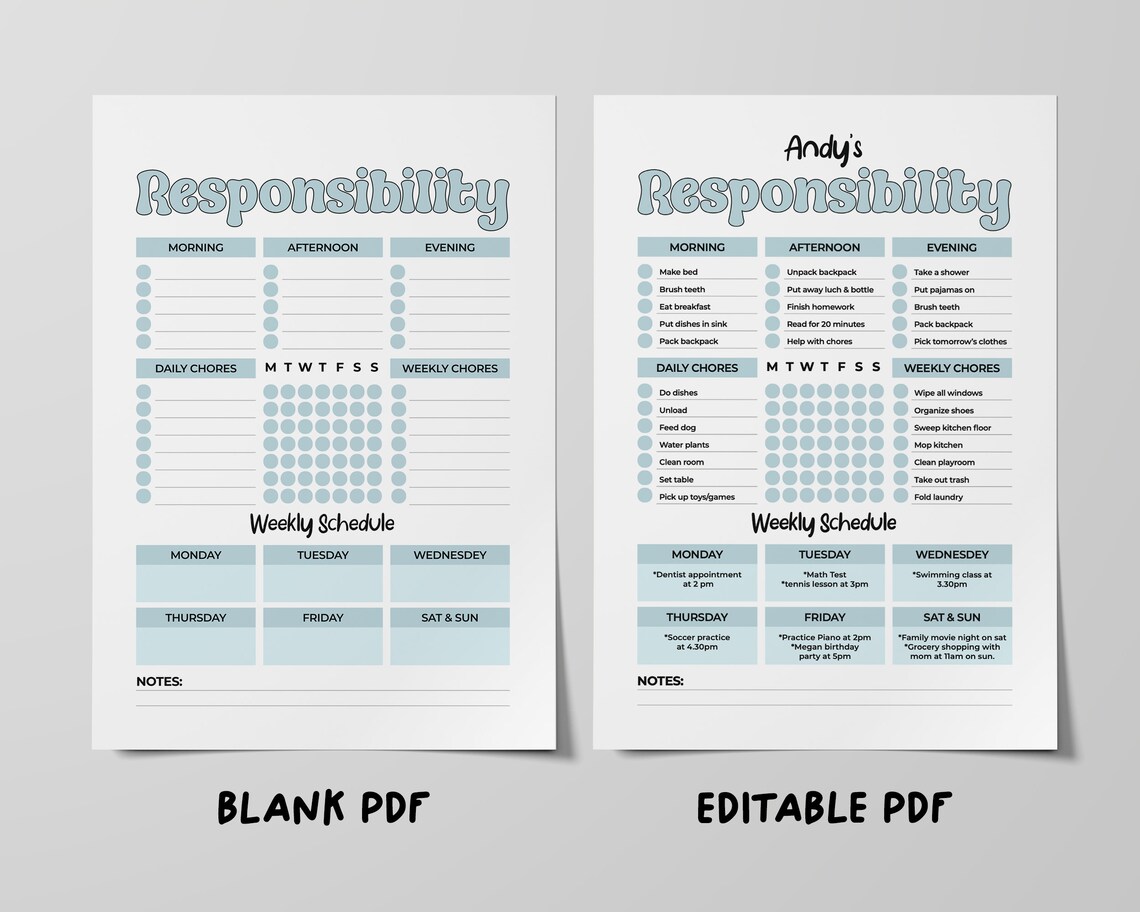 Editable Responsibility Chore Chart for Kids, Daily Weekly Schedule ...
