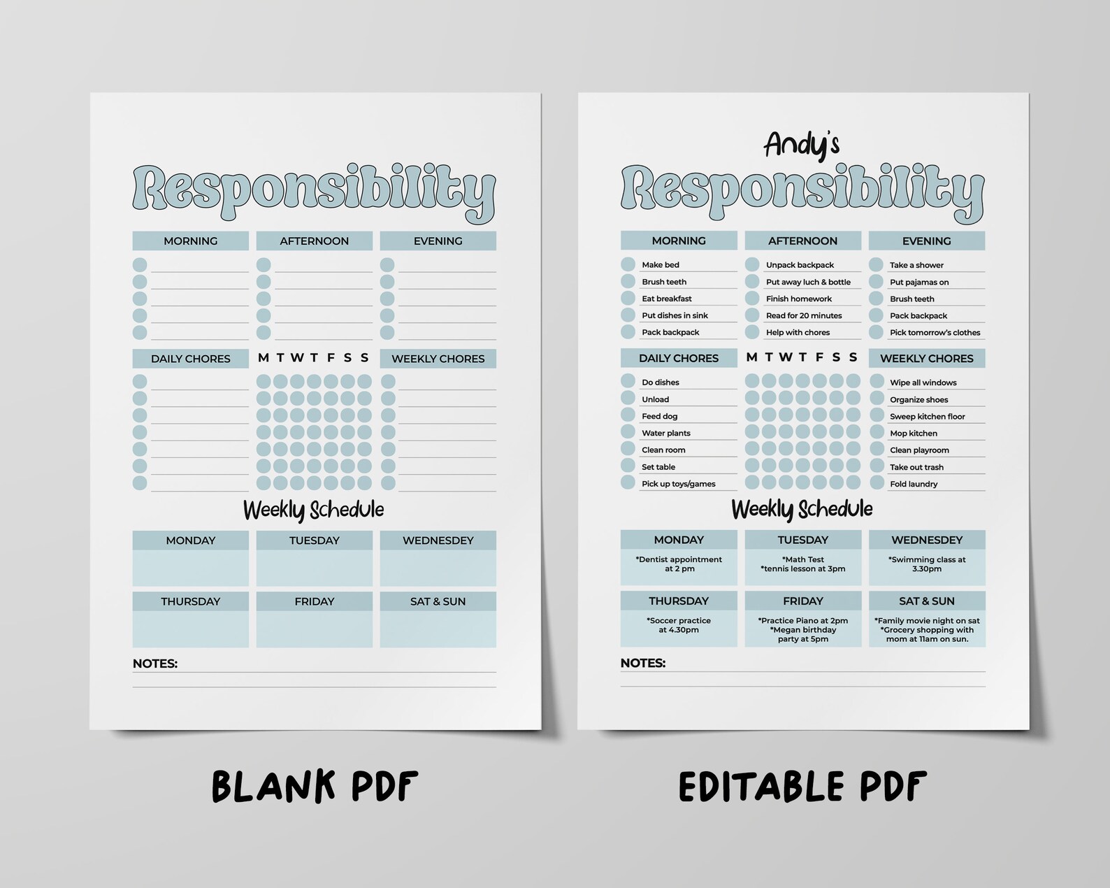 Editable Responsibility Chore Chart for Kids, Daily Weekly Schedule ...