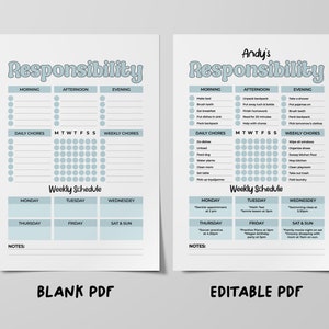 Editable Responsibility Chore Chart for Kids, Daily Weekly Schedule ...