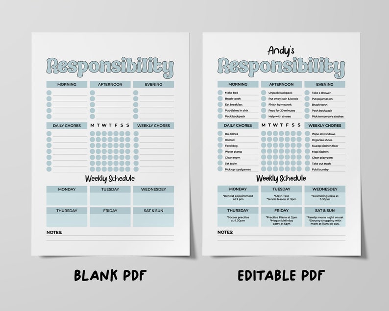 Editable Responsibility Chore Chart for Kids, Daily Weekly Schedule ...