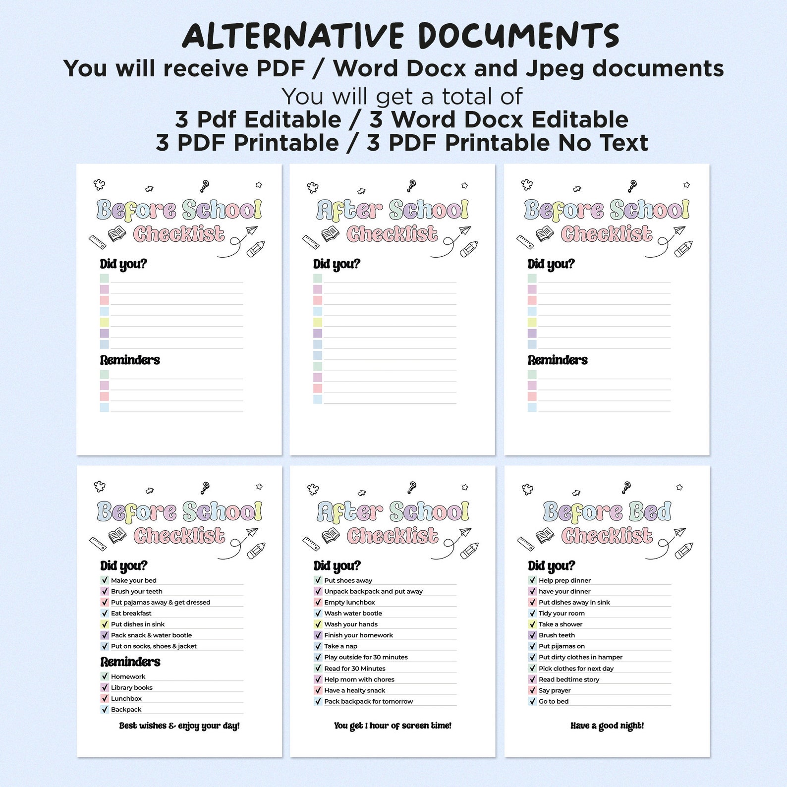 Editable Schoolday Checklist for Kids, Daily Routine, Before School ...
