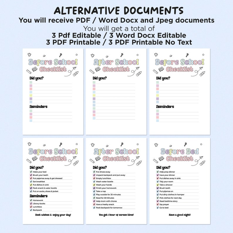 Editable Schoolday Checklist for Kids, Daily Routine, Before School ...