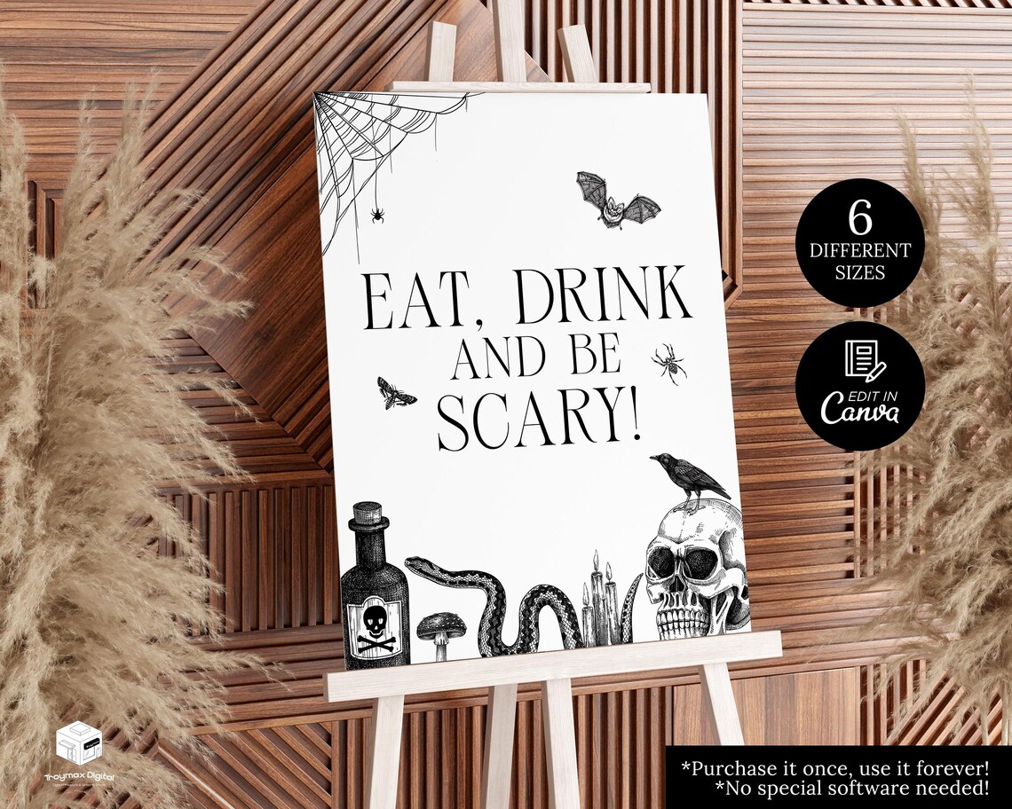 Eat Drink and Be Scary Sign Template, Halloween Party Food Table Sign ...