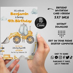 Editable Construction Machines Birthday Party Invitation Template for ...
