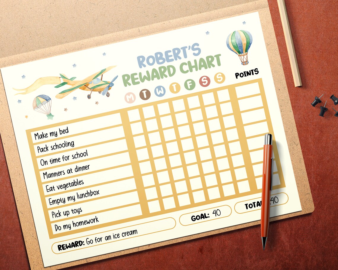 Editable Plane Reward Chart, Printable Chore Chart for Kids, Rainbow ...