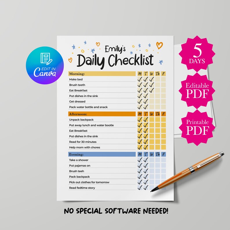 Editable Daily Checklist for Kids, Printable, Responsibility Chart for ...