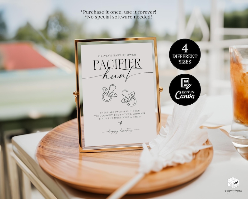 Pacifier Hunt Baby Shower Sign Template, Minimalist Baby Shower Game ...