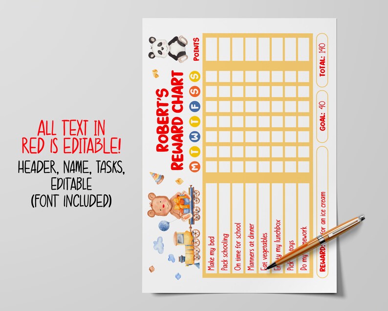 Editable Teddy Bear Reward Chart Printable Chore Chart for - Etsy