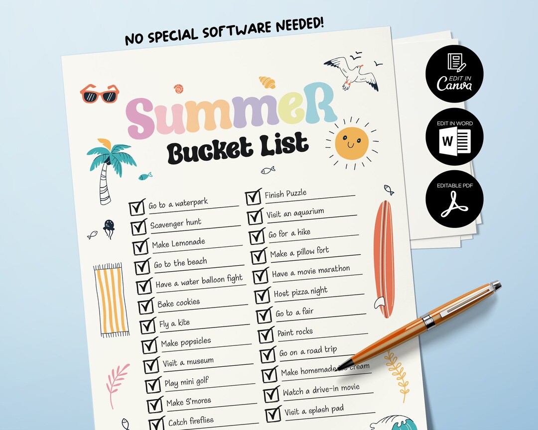 Summer Bucket List for Kids, Chart for Kids Editable, Summer Rules ...