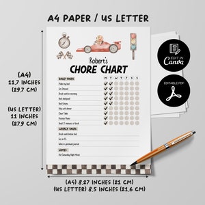 Editable Daily Chore Chart, Cute Racing Car Theme Behavior Chart for ...