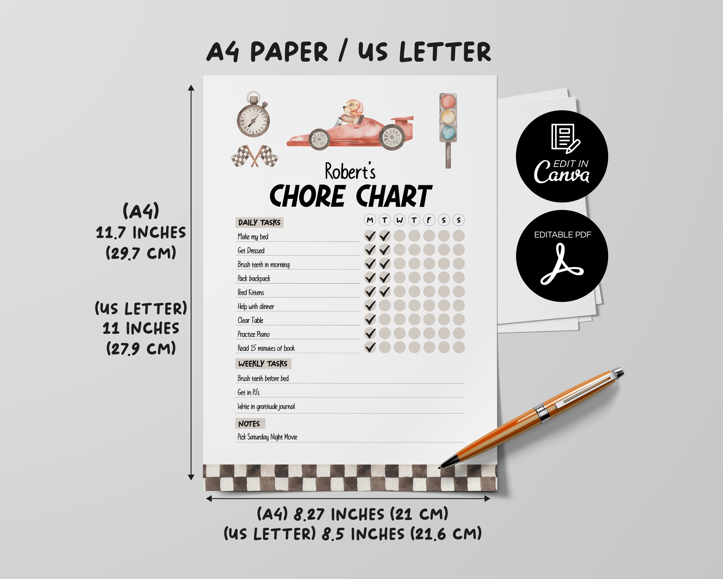 Editable Daily Chore Chart, Cute Racing Car Theme Behavior Chart for ...