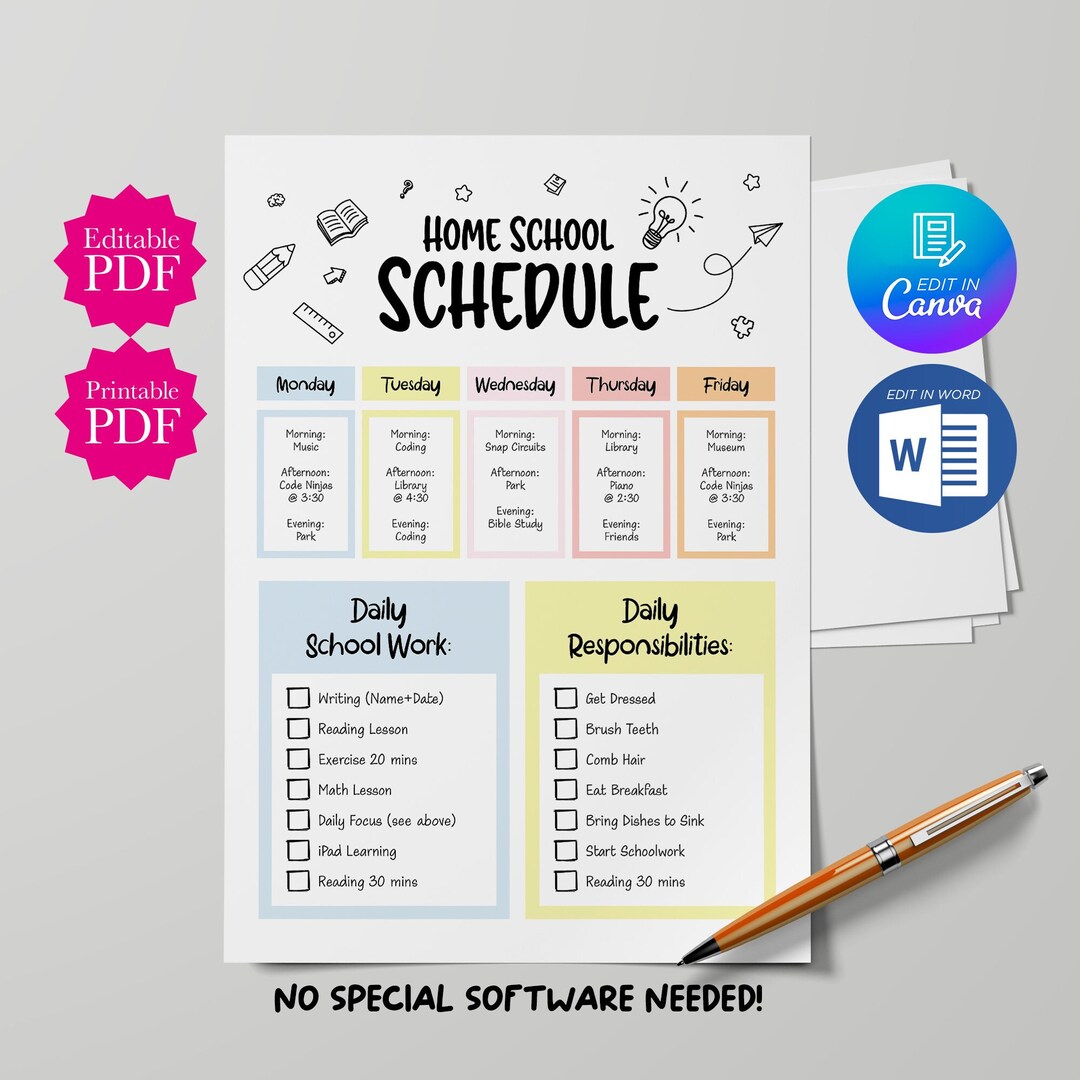 Homeschool Schedule Chart for Kids Editable Canva or Word - Etsy