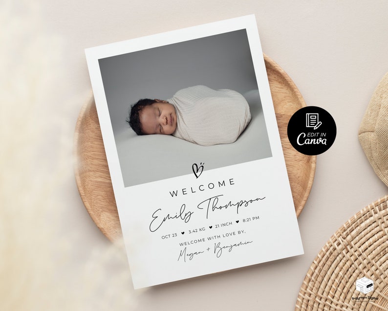Printable Birth Stats Card, Newborn Baby Announcement, Simple Boho ...