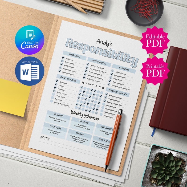 Editable Responsibility Chore Chart for Kids, Daily Weekly Schedule ...