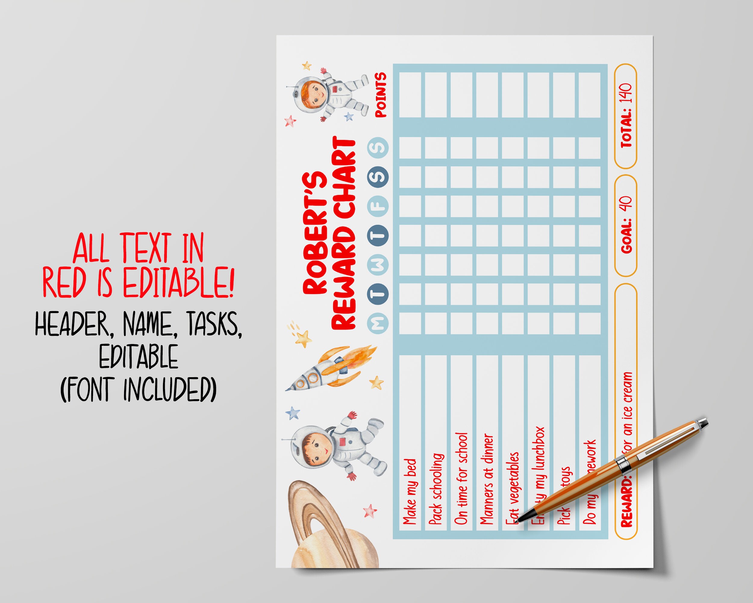 Editable Space Kids Reward Chart, Printable Chore Chart for Kids, Good ...