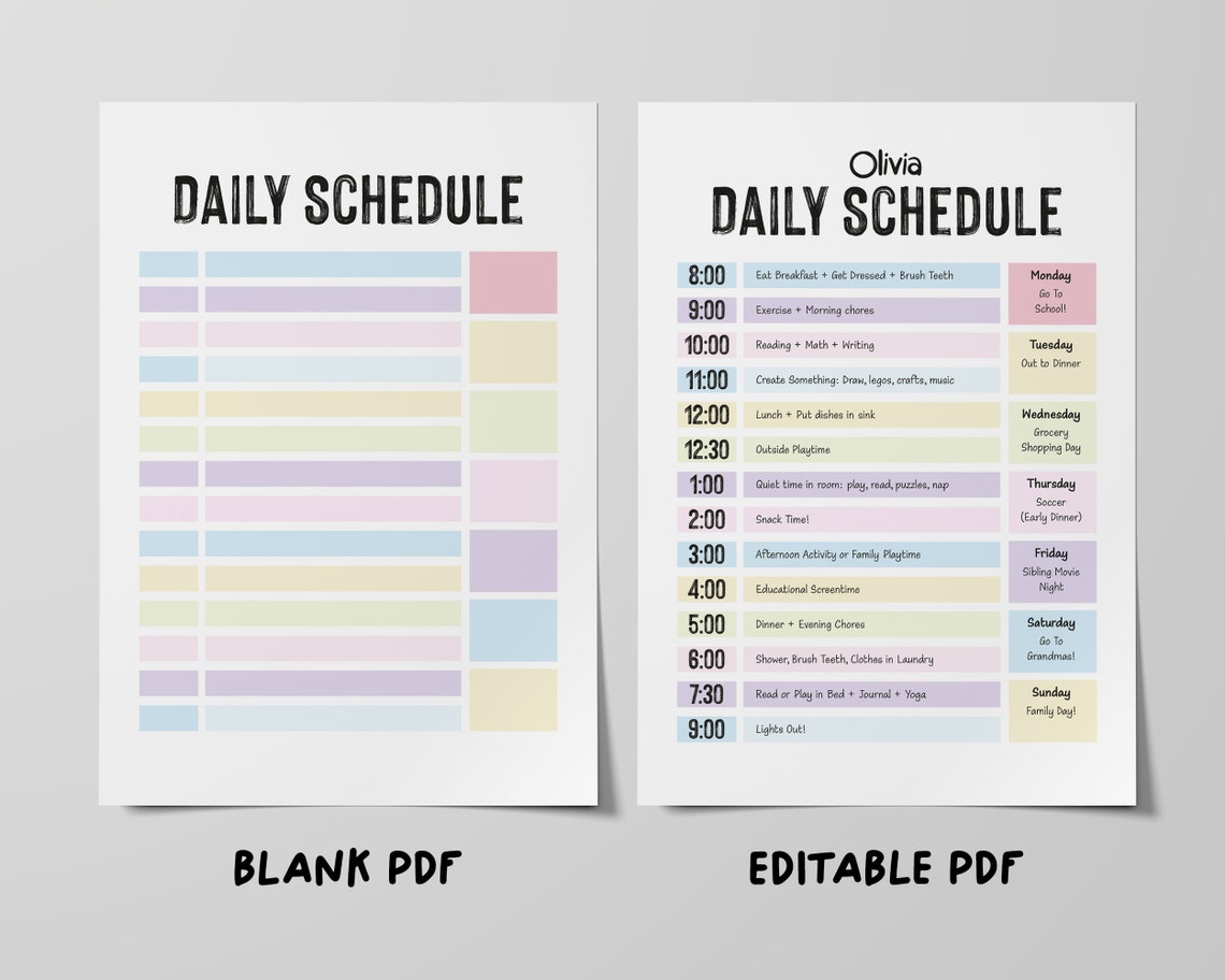 Editable Daily Schedule for Kids, Printable Daily Planner for Kids ...