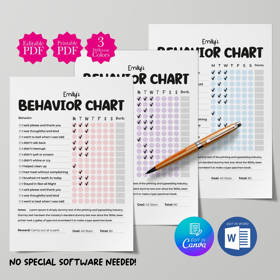 Editable Behavior Reward Chart for Kids, Good Behavior Tracking ...