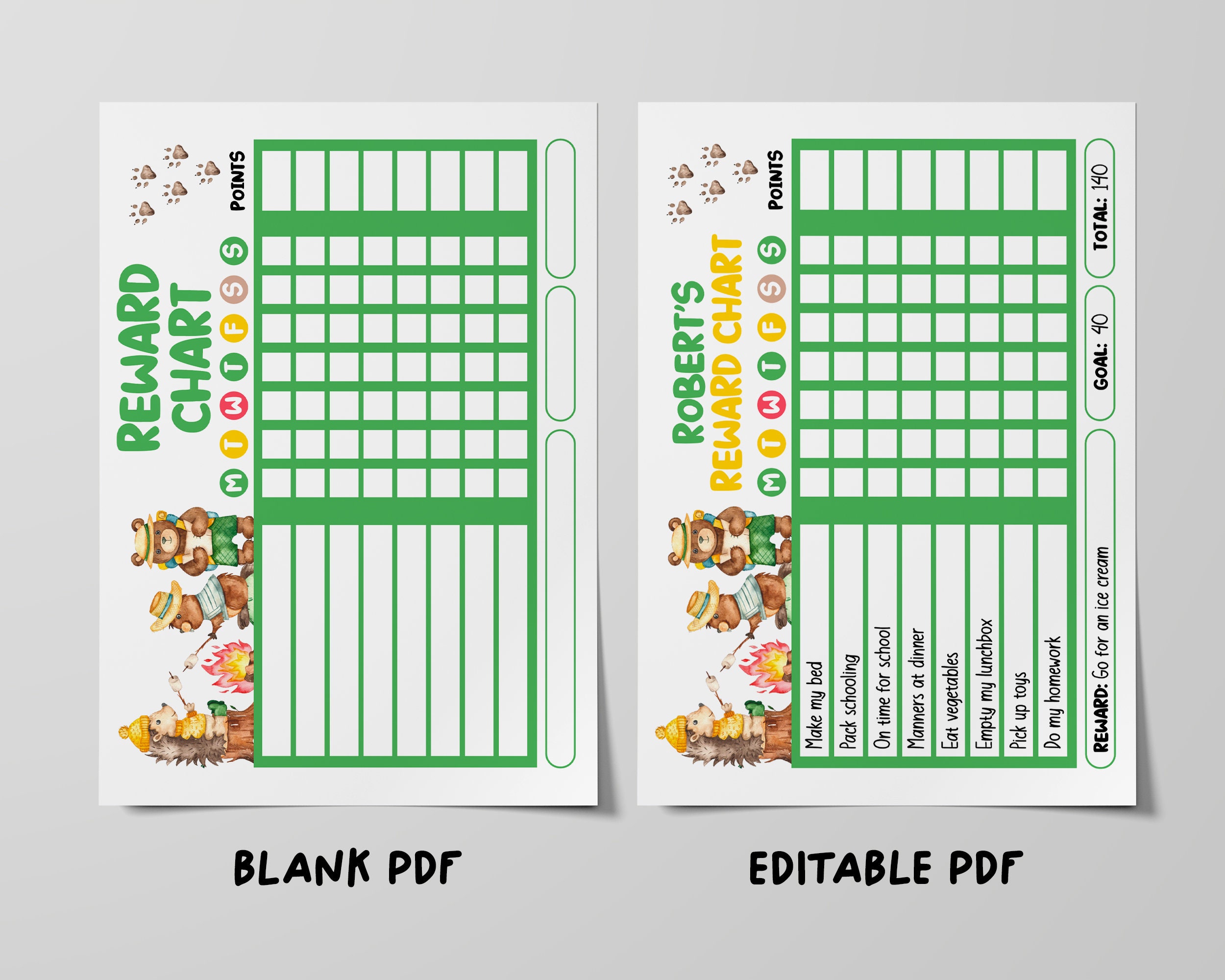 Editable Camping Animals Reward Chart, Printable Chore Chart for Kids ...