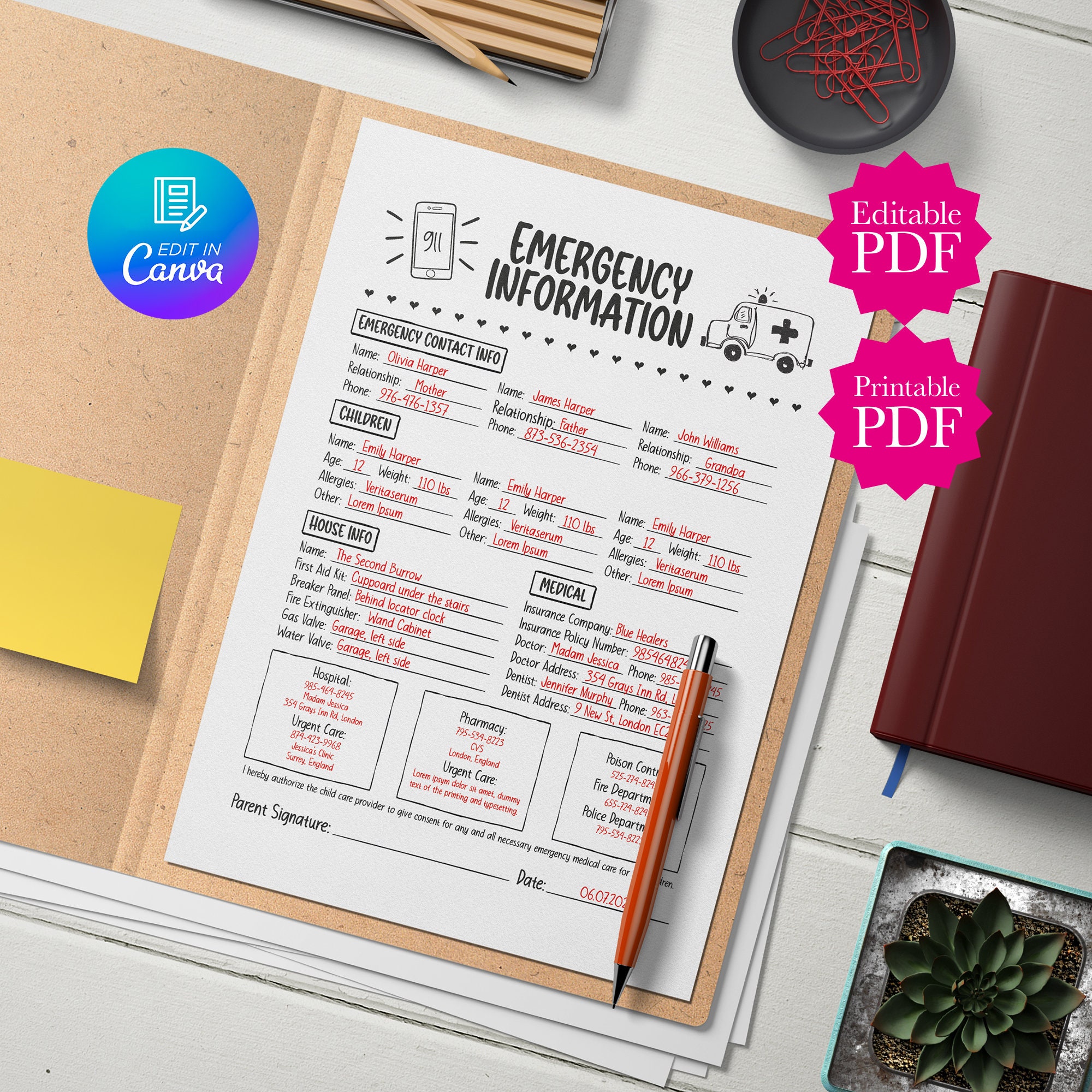 Emergency Contact Information, Contact Sheet, Babysitter Info Sheet ...