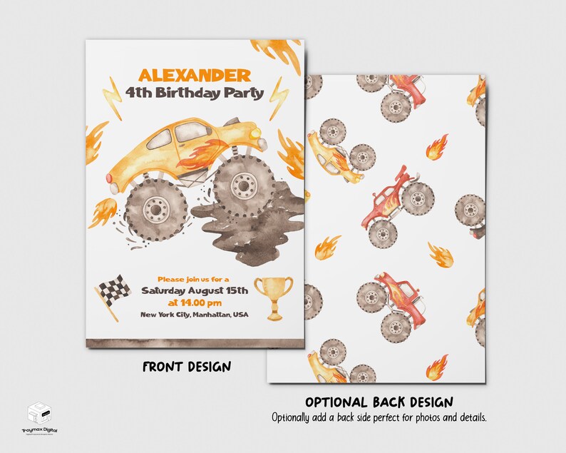 Editable Monster Flame Truck Car Birthday Party Invitation Template for ...