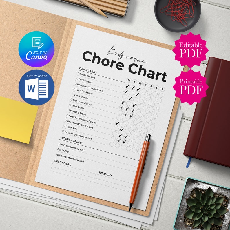 Editable Chore Chart for Kids, Digital Planner, Daily Responsibility ...