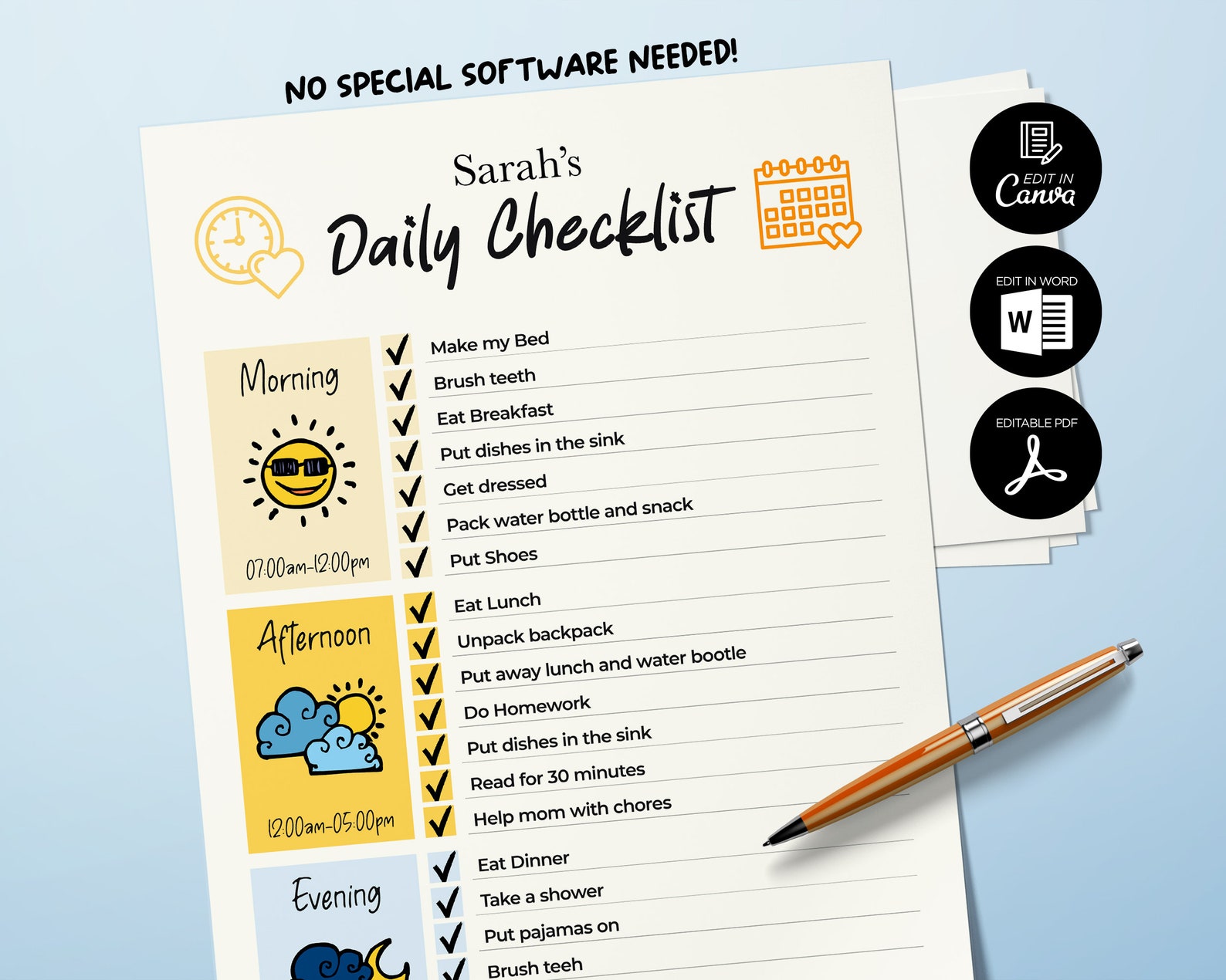 Daily Checklist for Kids, Daily Routine Chart, Home School Planner ...