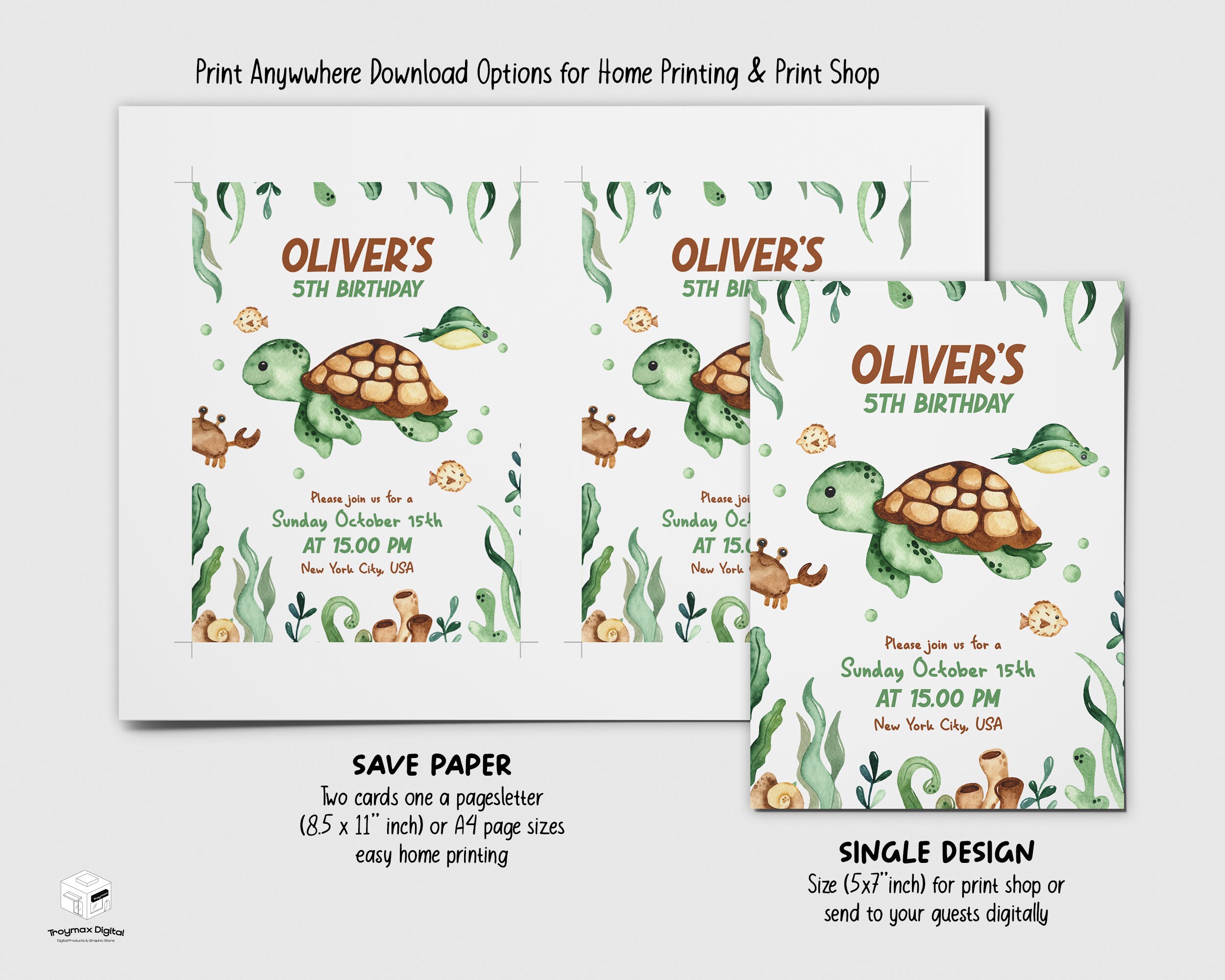 Printable Little Turtle and Underwater Animal Birthday Party Invitation ...