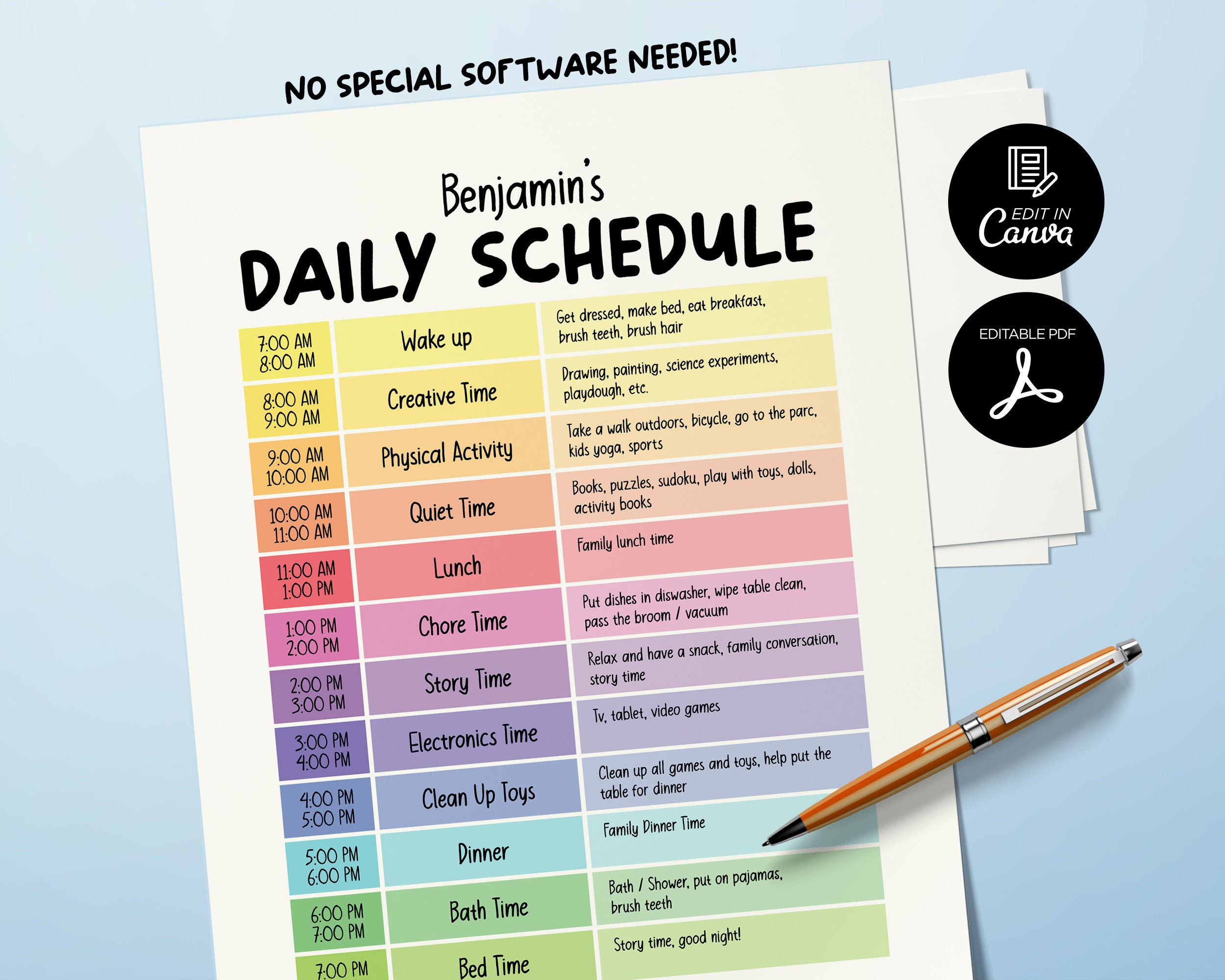 Editable Colorful Daily Schedule for Kids, Printable Daily Planner for ...