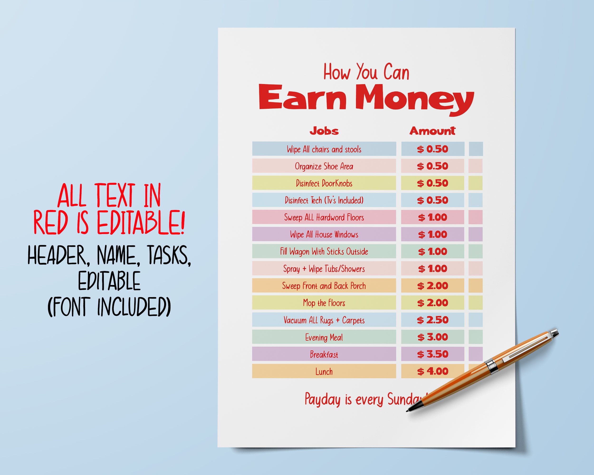 Earn Money Chore Chart, Editable Kids Reward Bucks, Earn Money Chart ...