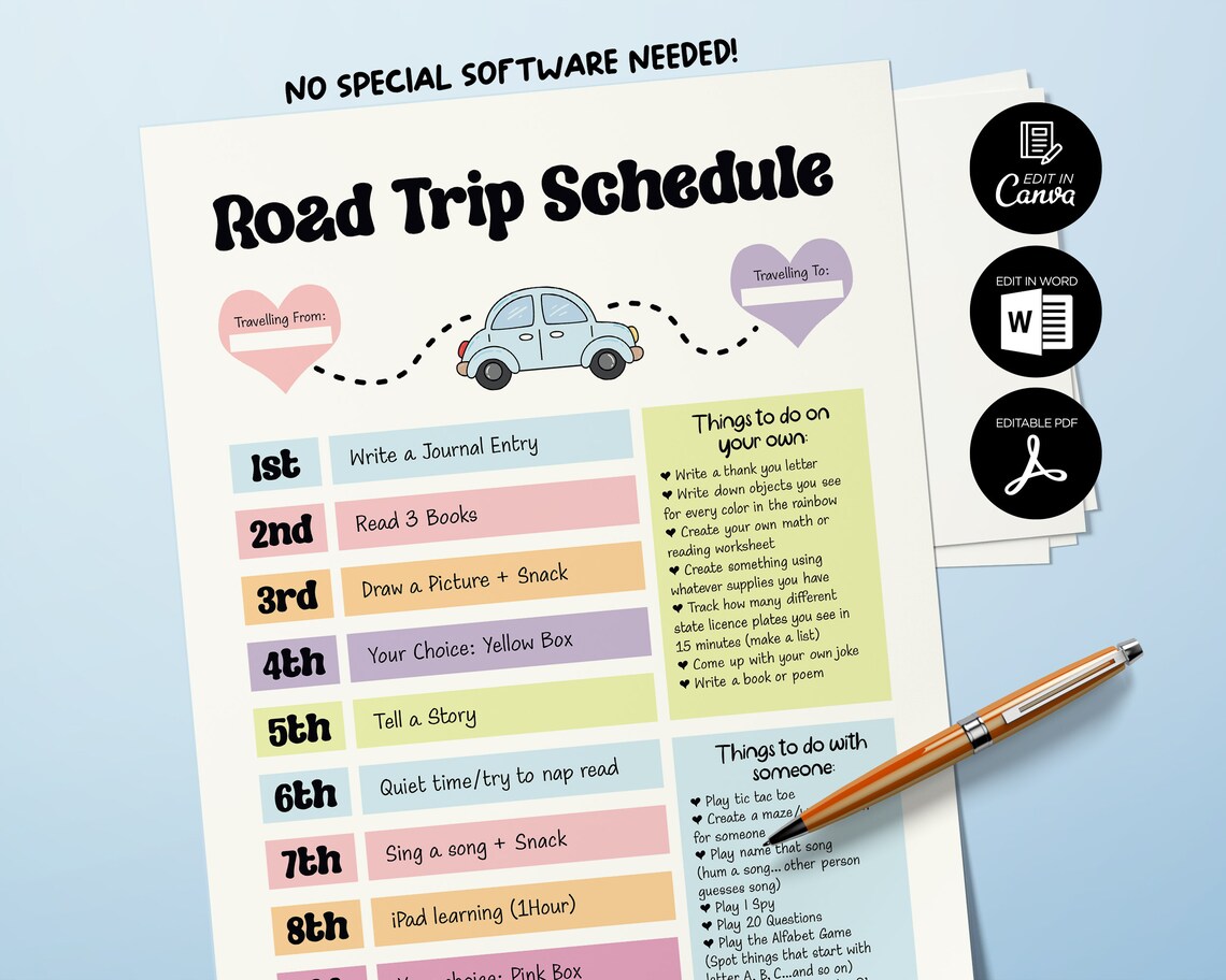 Road Trip Schedule, Road Trip Travel Activities for Kids, Editable Road ...