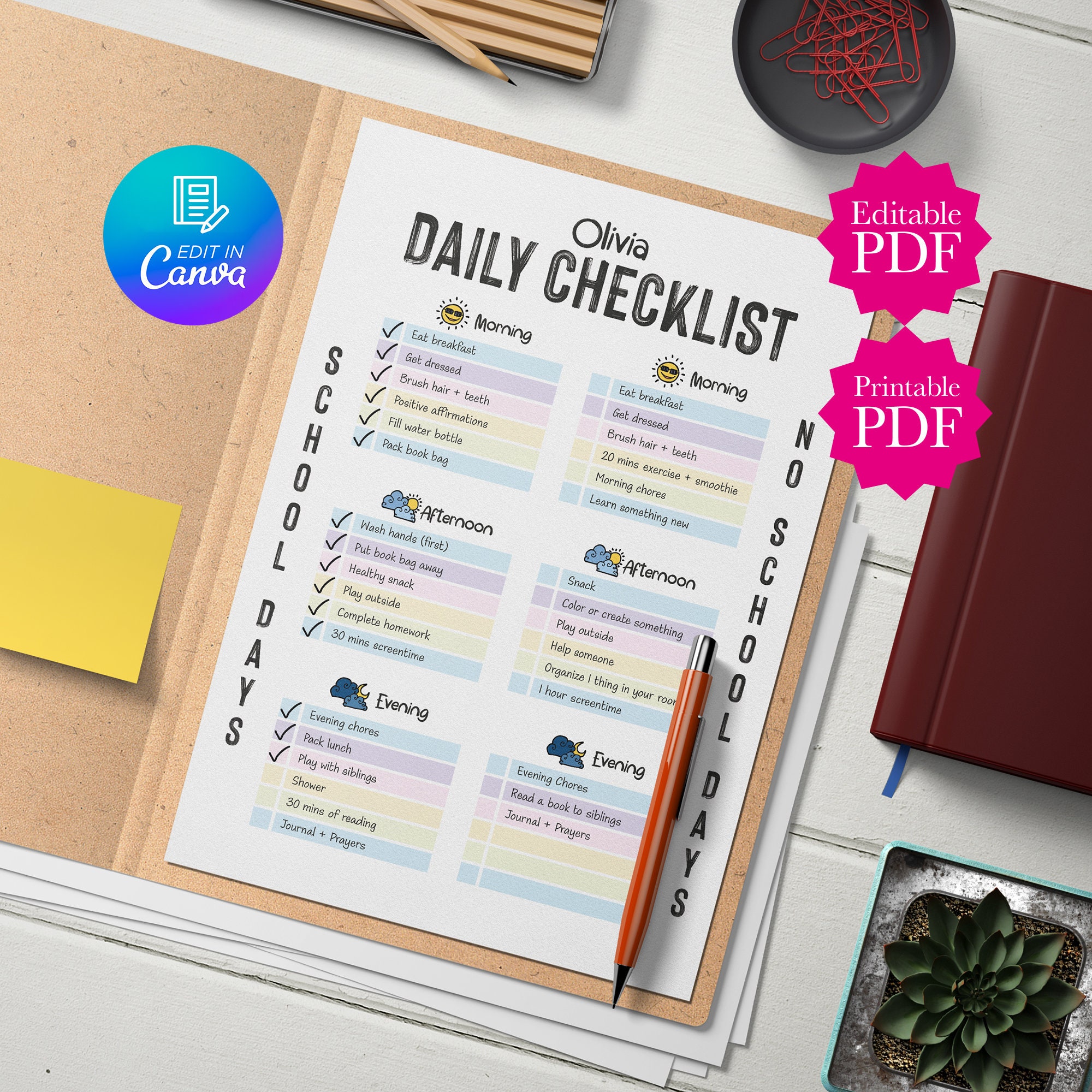 Editable Daily Checklist for Kids, Kids Responsibility Chart, Before ...