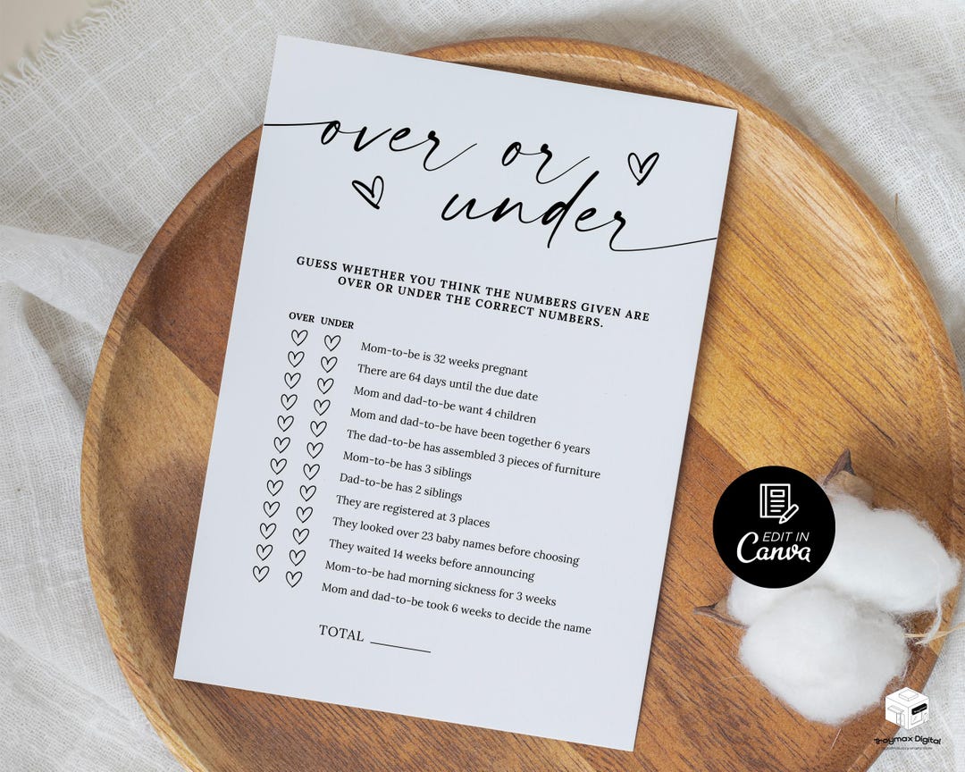 Over or Under Baby Shower Game, Over or Under Game, Over or Under ...