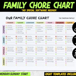 Family Chore Chart Printable, Editable Family Planner, Household Kid ...