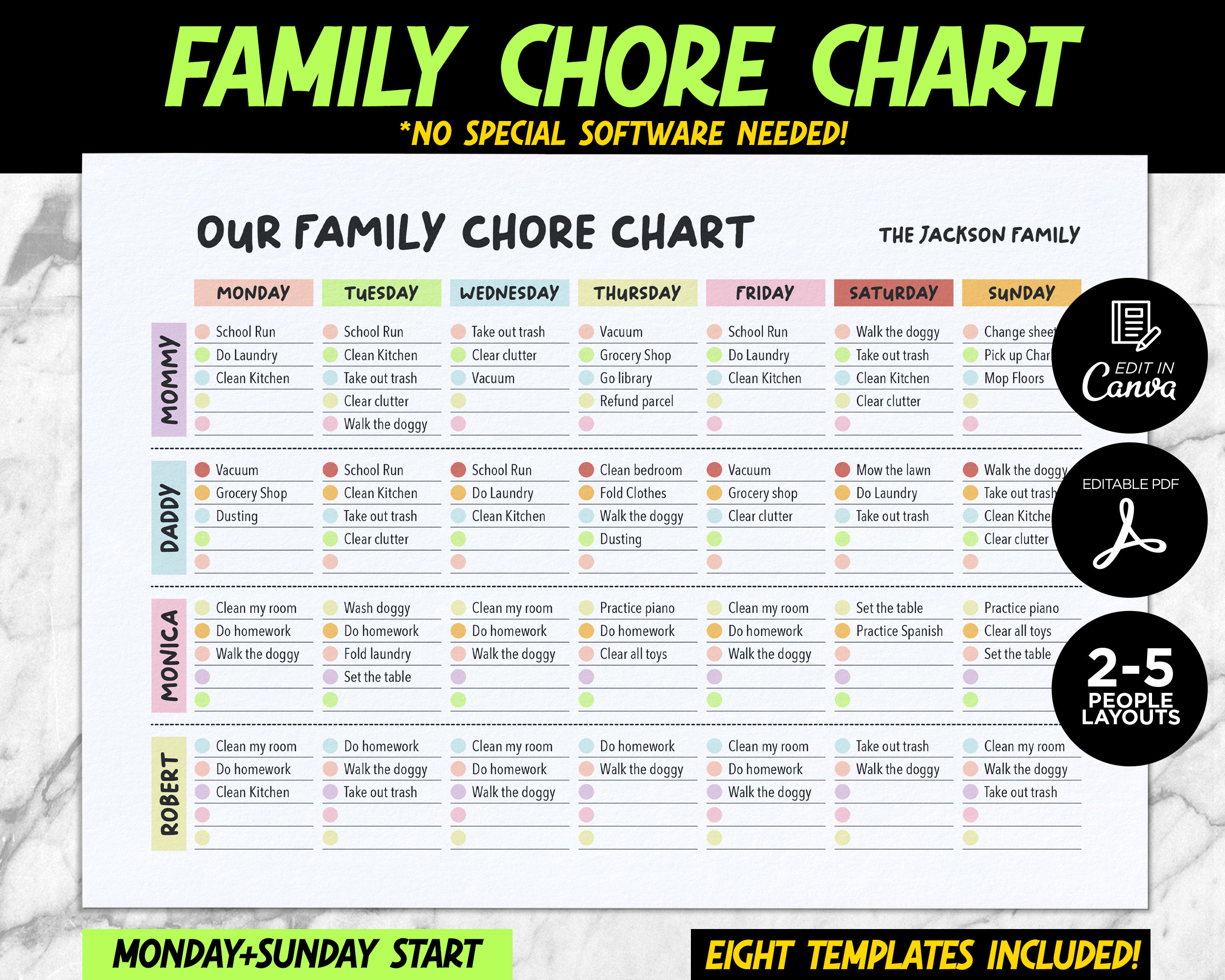 Family Chore Chart Printable, Editable Family Planner, Household Kid ...