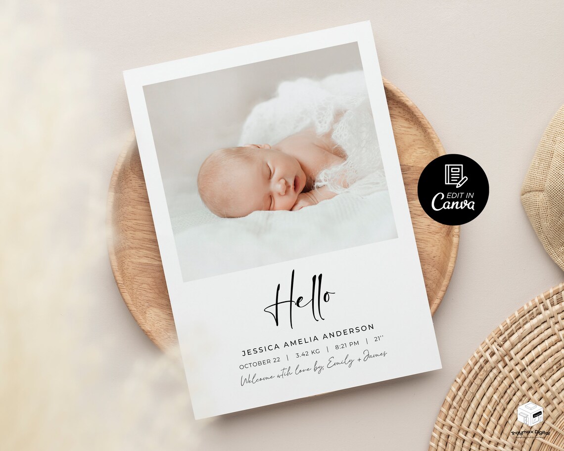 Printable Birth Stats Card, Hello Newborn Baby Announcement, Simple ...