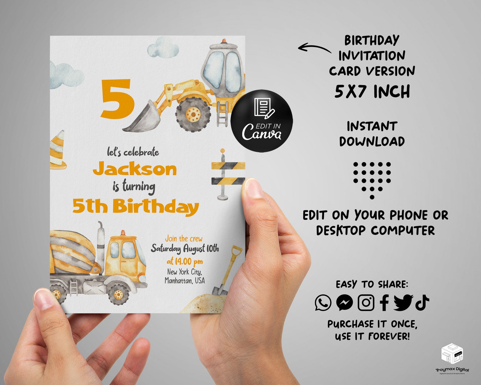 Printable Truck Machines Birthday for Kids Invitation Canva, Editable ...