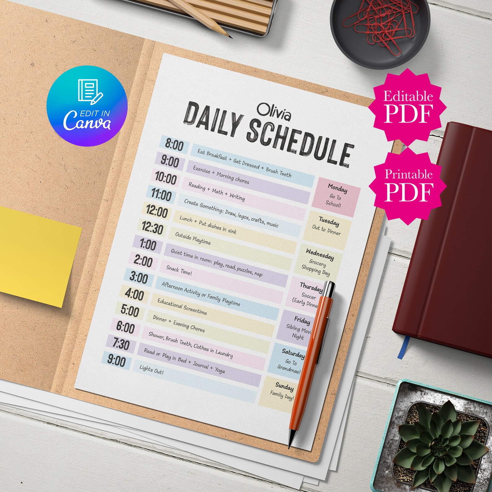 Editable Daily Schedule for Kids, Printable Daily Planner for Kids ...