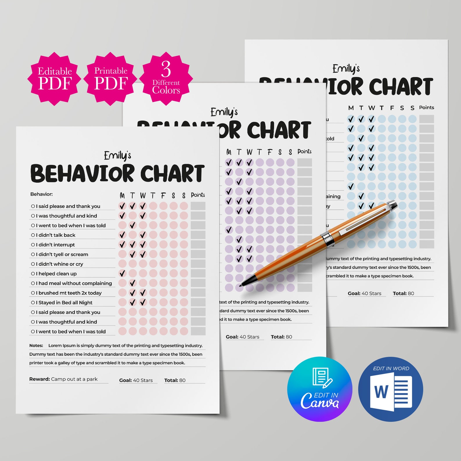 Daily Checklist for Kids, Editable Behavior Reward Chart for Kids ...