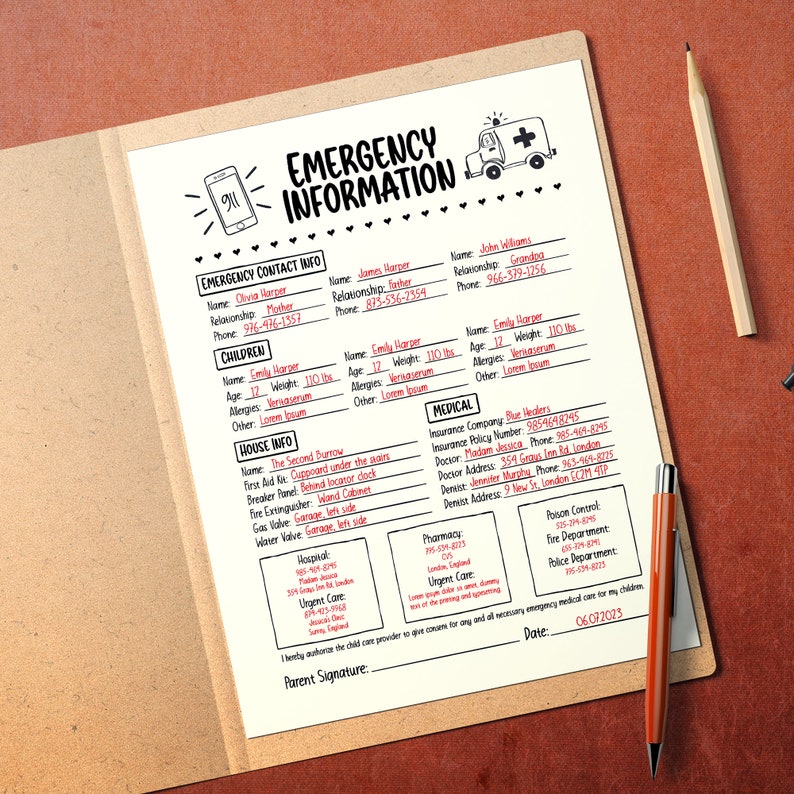 Emergency Contact Information Contact Sheet Babysitter Info - Etsy