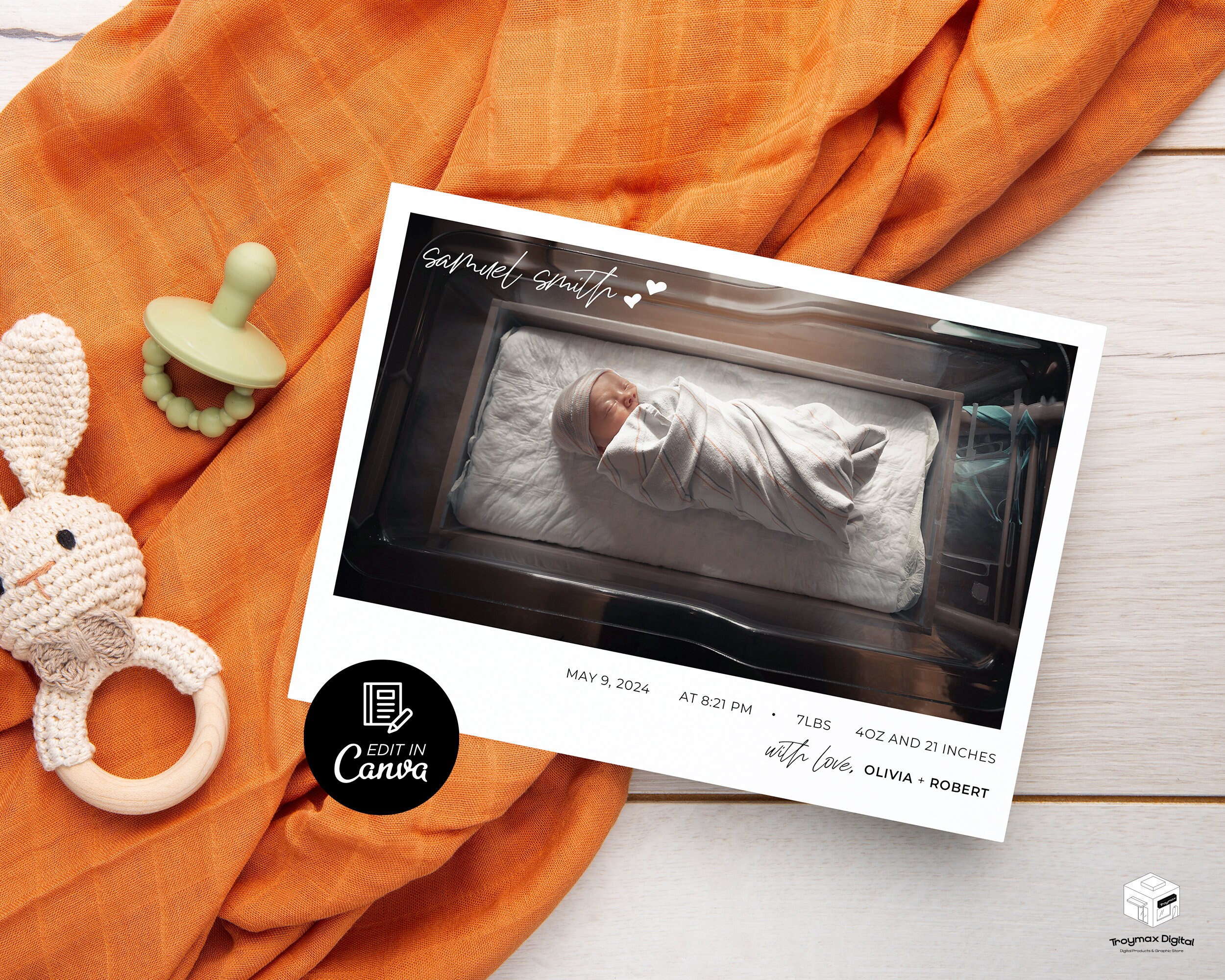 Printable Photo Birth Card, Birth Statistics Card, Birth Announcement ...