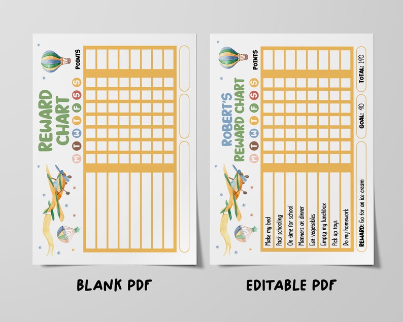 Editable Plane Reward Chart, Printable Chore Chart for Kids, Rainbow ...