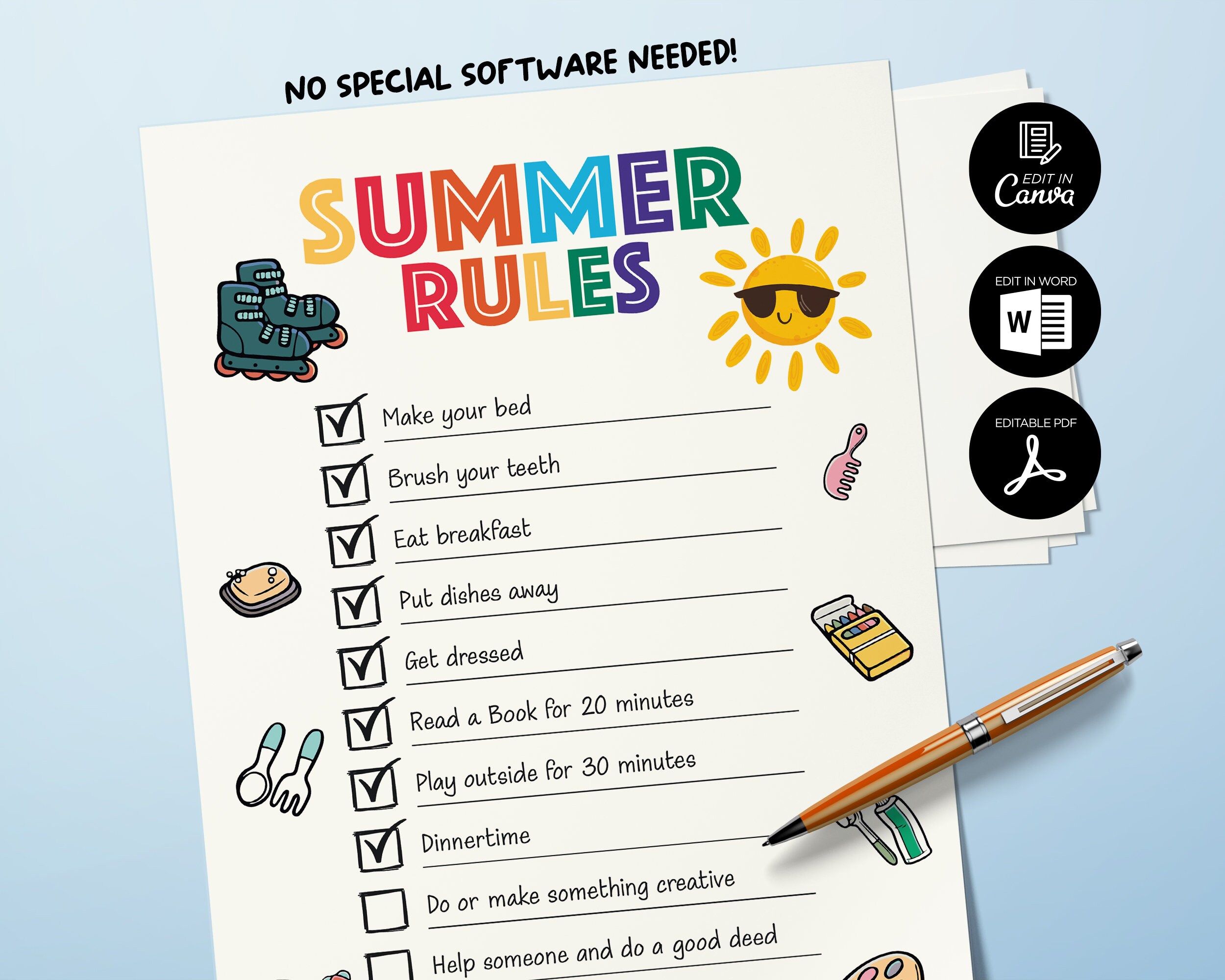 Summer Rules for Kids, Chart for Kids Editable, Summer Rules Editable ...