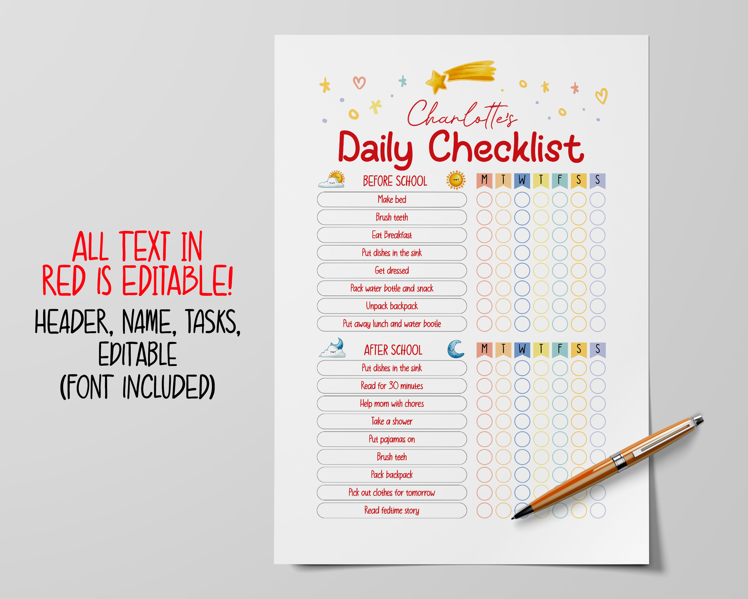 Editable Daily Checklist, Daily Planner for Kids, Responsibility Chart ...