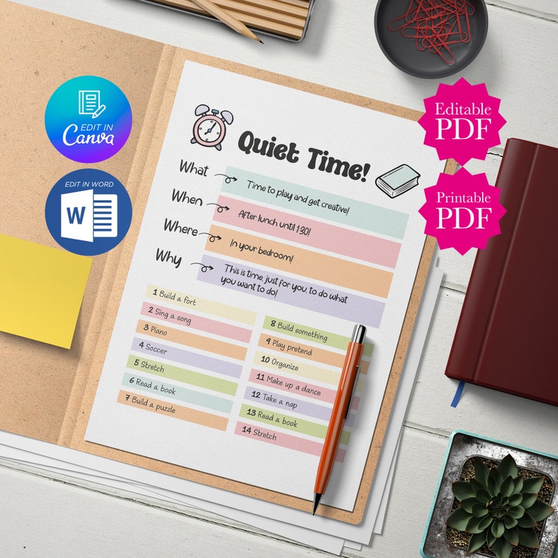 Quiet Time Chart for Kids, Daily Schedule Idea, Editable Daily ...